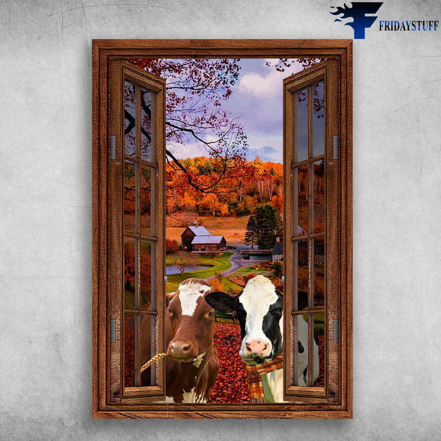 Dairy Cow Couple – Window Autumn Scene - FridayStuff